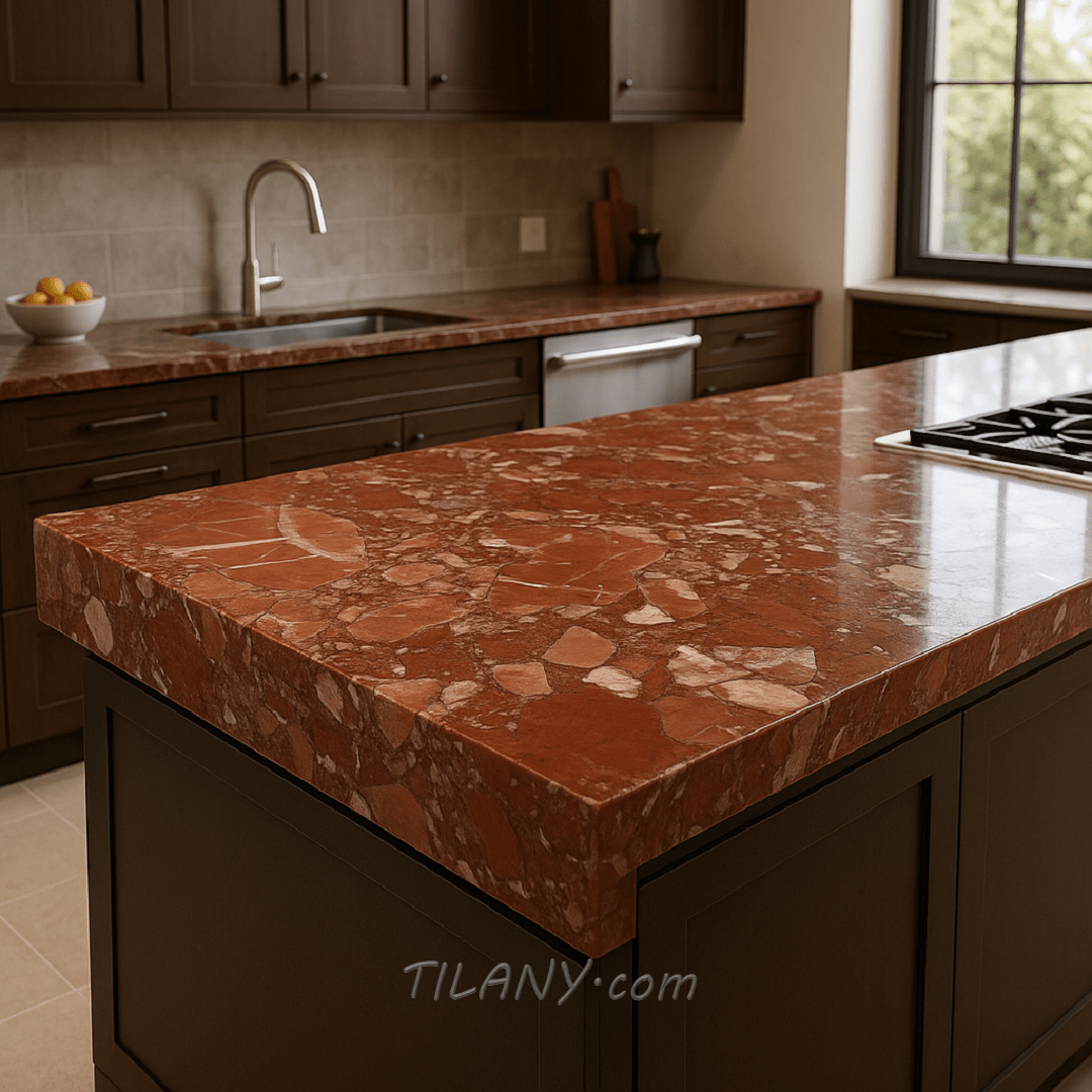 Red Breccia Marble applications luxury flooring & kitchen design - Tilany